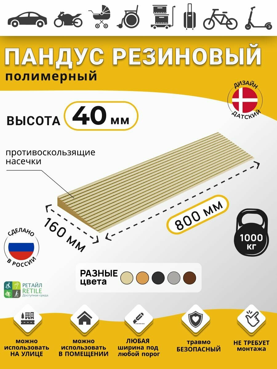 Пандус резиновый рубеж для порогов высотой 4 см (40х800х160 мм), бежевый, для колясок, склада и автомобилей