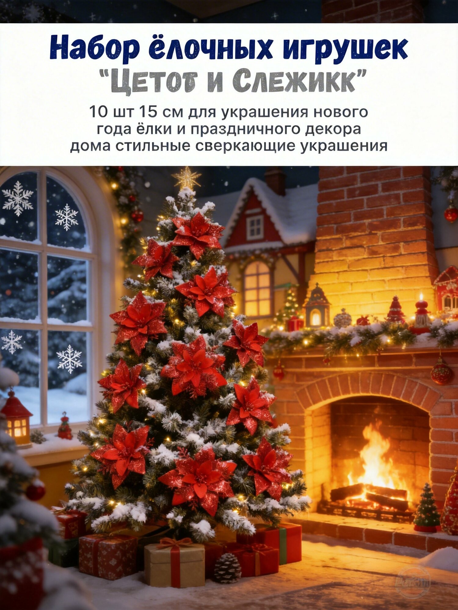 Набор елочных игрушек Цветы и Снежинки, 10 штук 15 см для праздничного декора дома и стильного оформления с мерцающим эффектом