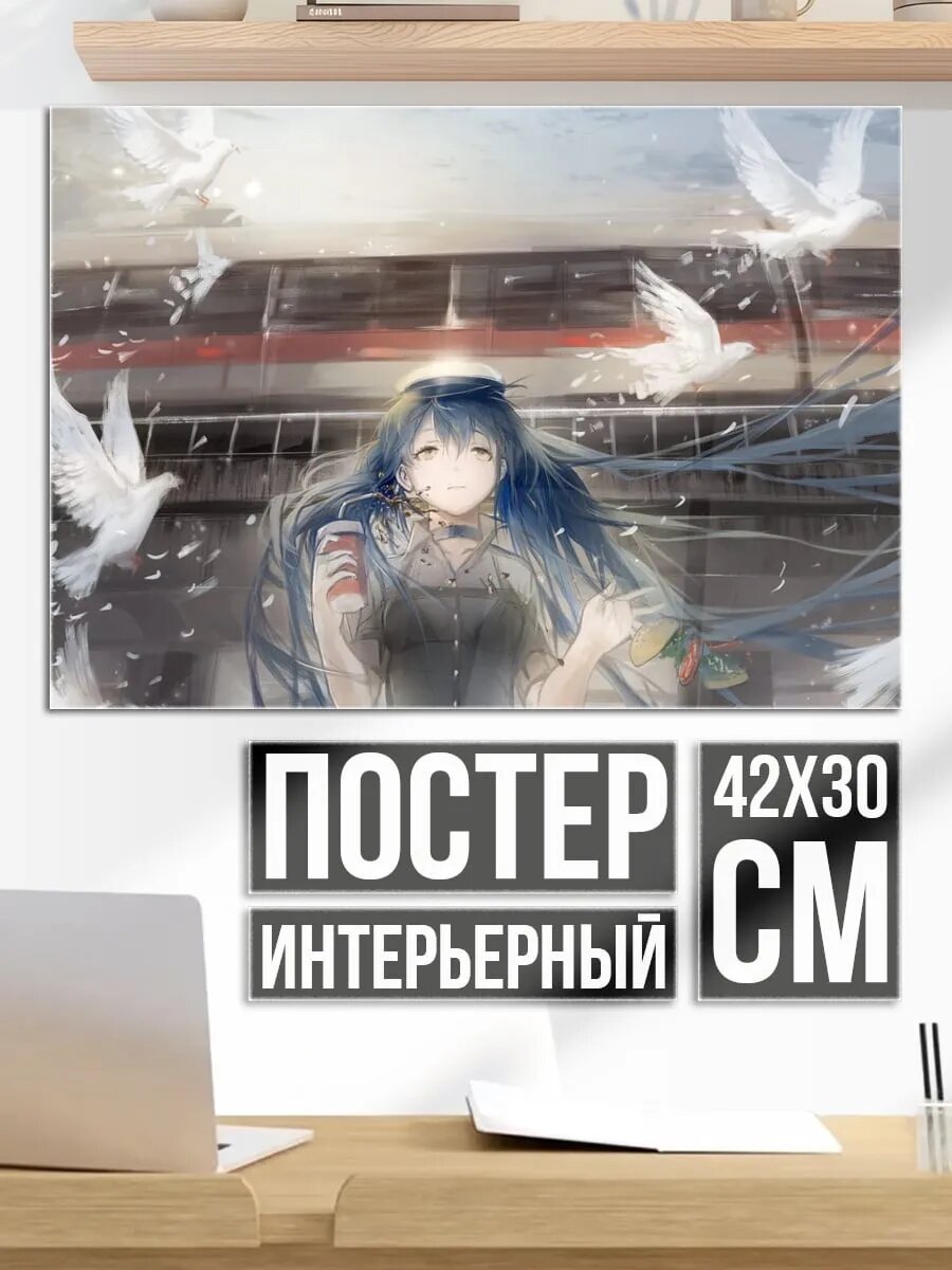 Плакат постер Девушка с голубями