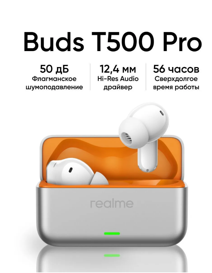 Наушники REALME Buds T500 Pro, беспроводные, внутриканальные, Bluetooth 6.1, 40000 Гц, шумоподавление, Серебристые