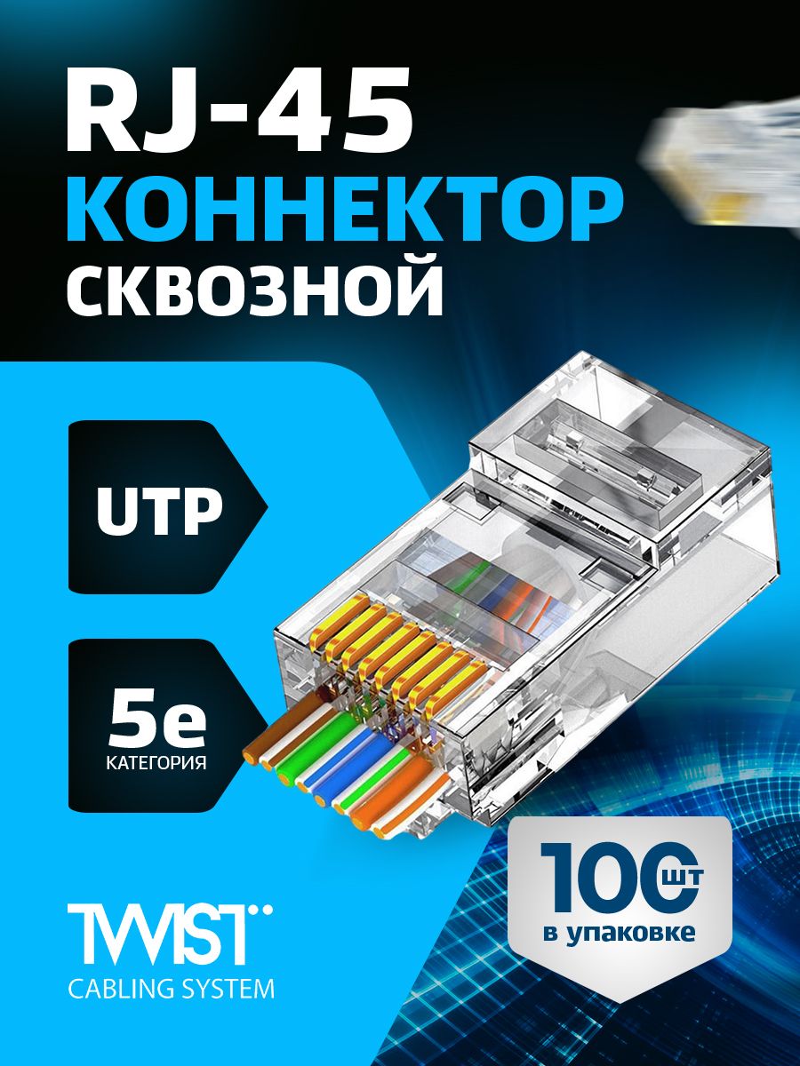 Сквозной коннектор для витой пары RETIC RJ-45 (8p8c), категория 5e (cat. 5e), сквозное отверстие, прозрачный 100 шт/упак