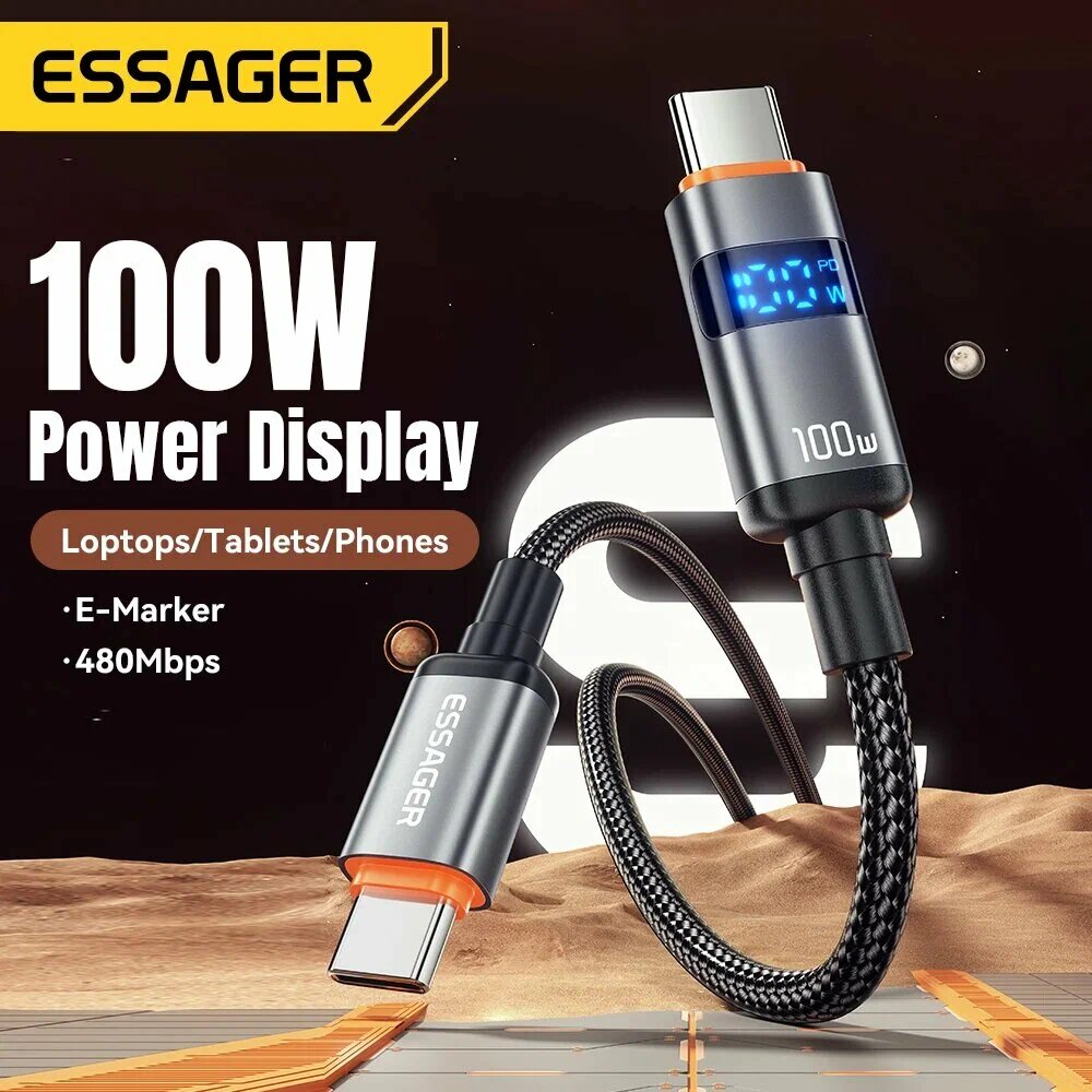 Кабель Essager Type-C-Type-C для быстрой зарядки и передачи данных с измерителем силы тока, E-marker, 100W, 5A, 480Mbps, QC 4.0, 2 метра, (Horizontal screen series)