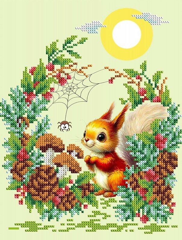 Ткань с рисунком для вышивания бисером Каролинка #ТКБЖ 4048 Белочка в деревне, Вышивка бисером, 19 х 25.4 см (Бисер в комплект не входит.)