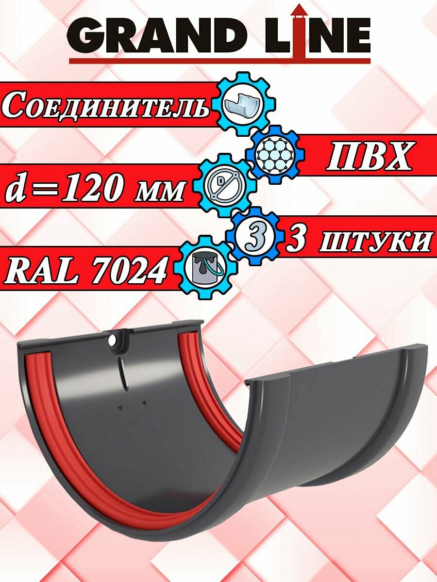 Соединитель желоба 3 штуки Grand Line ПВХ графит RAL 7024 (d 120 мм) для водосточной системы Гранд Лайн (120/90), комплект элементов водостока для крыши