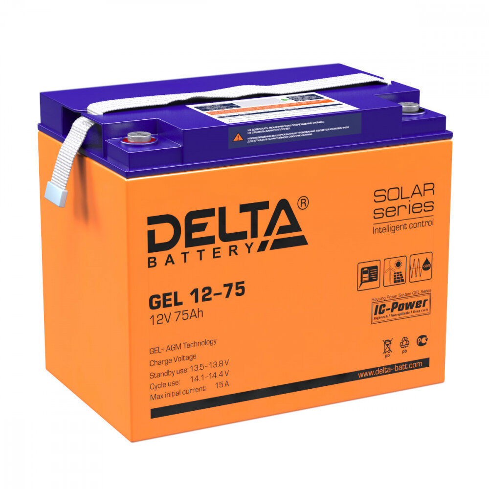 Батарея аккумуляторная Delta GEL 12-75 с гелевой технологией, болтовыми клеммами, предназначенная для автотранспорта