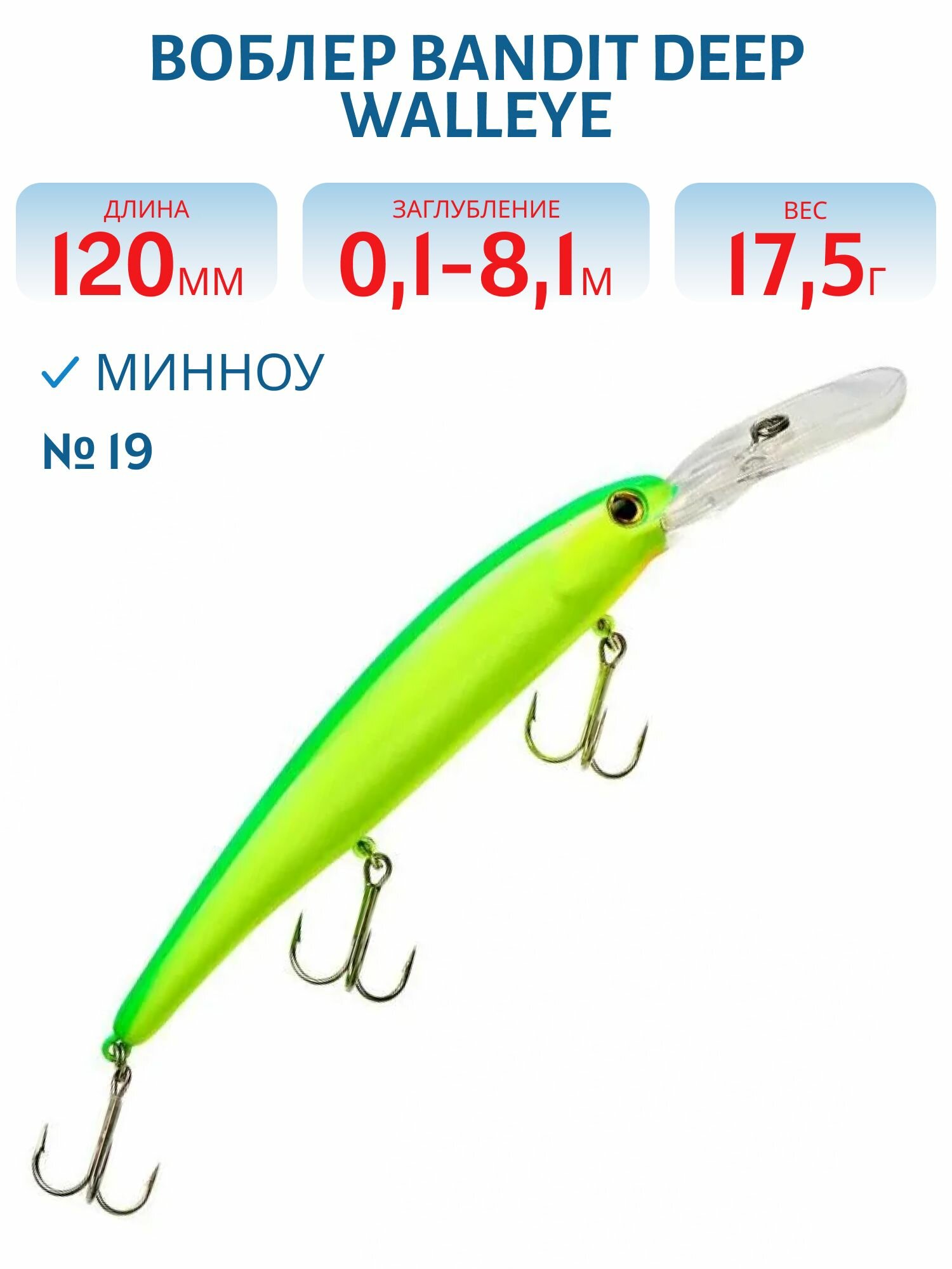 Воблер BANDIT DEEP WALLEYE, 120 мм, 17,5 гр, цвет 19