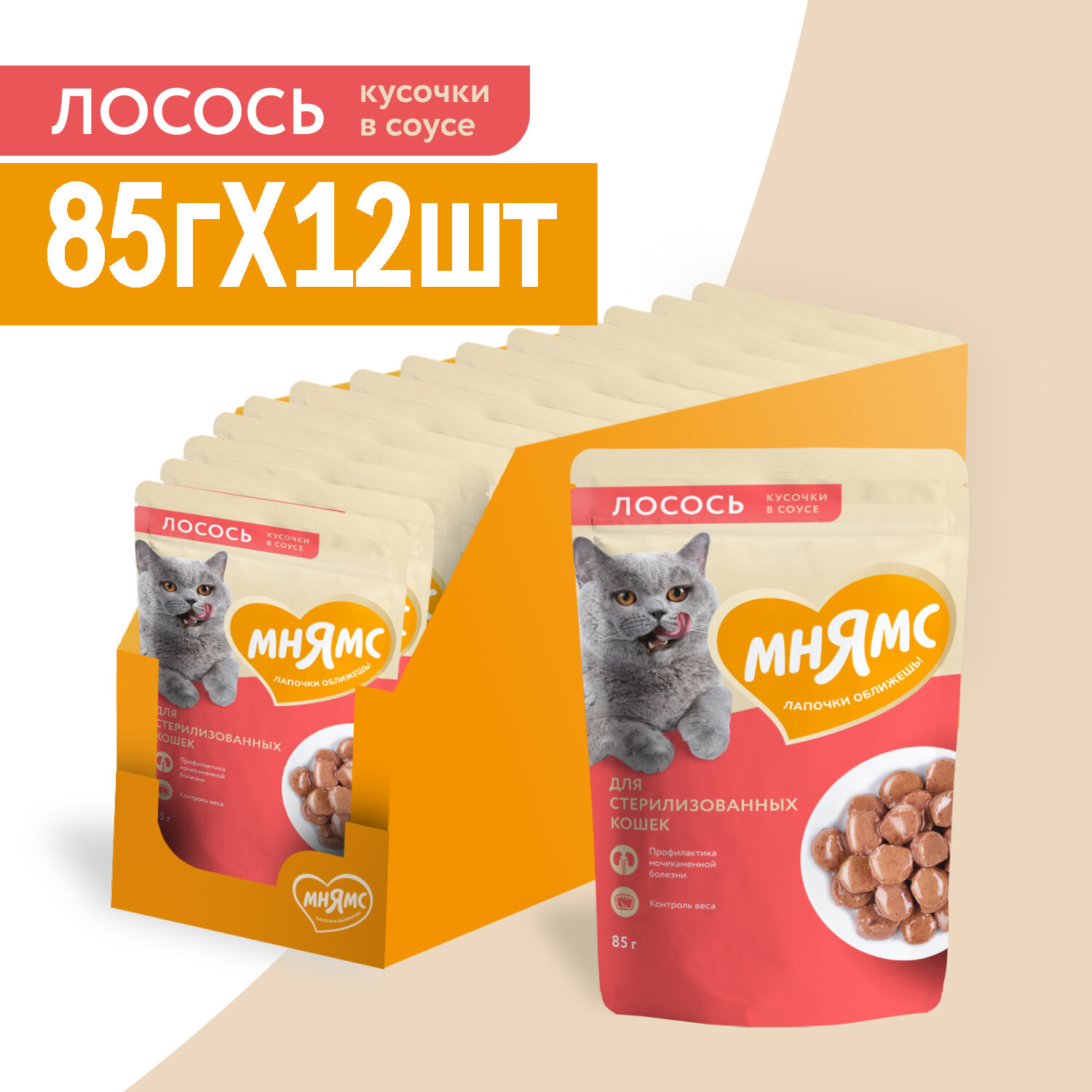 Влажный корм Мнямс Кусочки в соусе с лососем для стерилизованных кошек, 12 шт х 85 гр