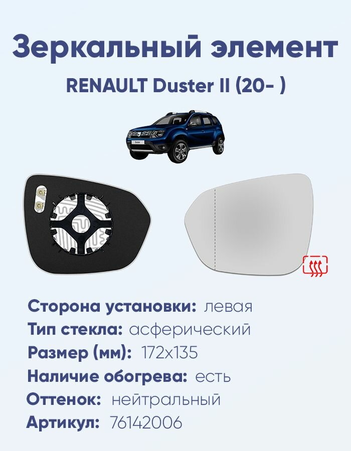 Зеркальный элемент левый RENAULT Duster II (20- ) асферика нейтральный с обогревом