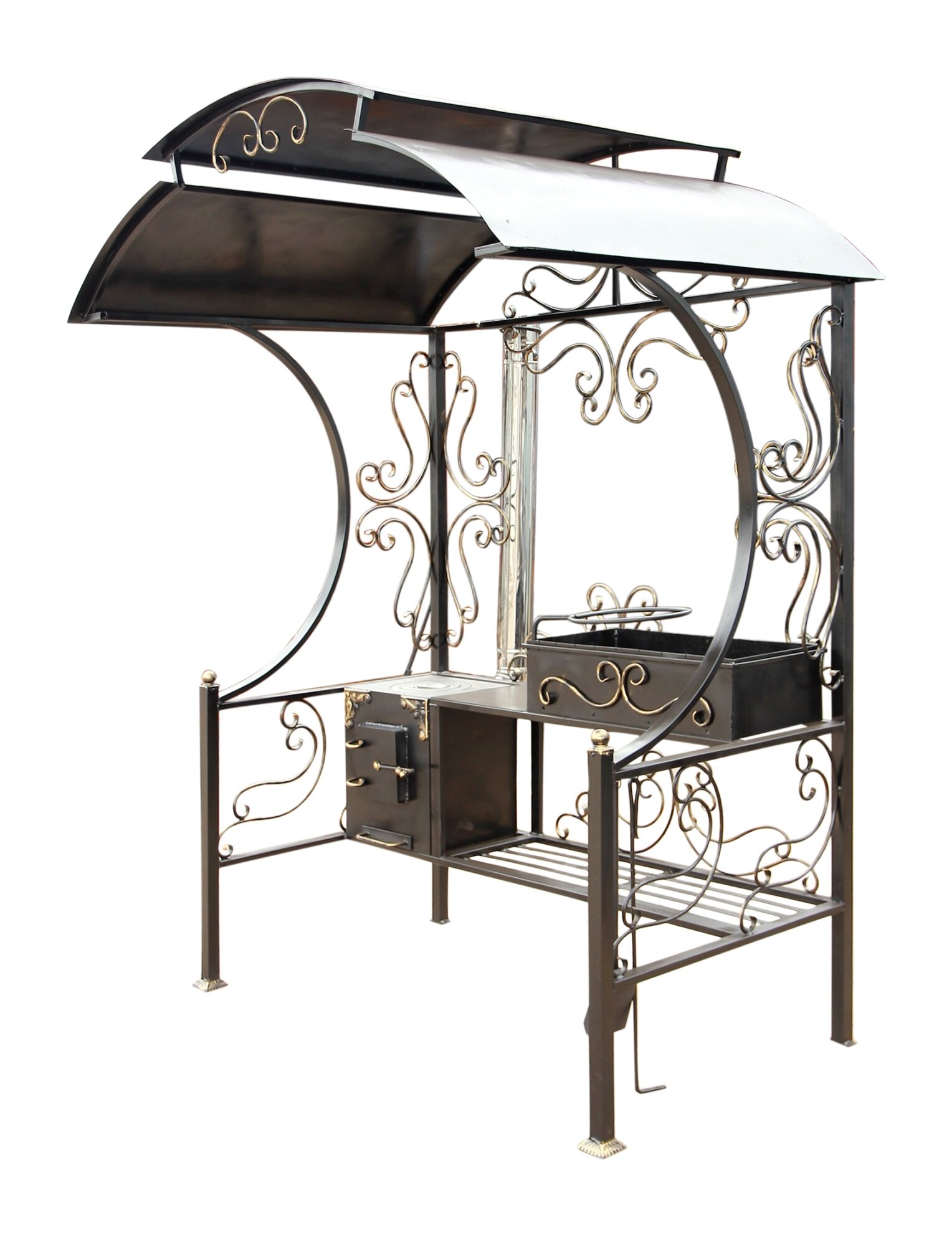 Мангал Mangal-market Универсал Люкс, кованый, с крышей, печью, 9 пазов для шампуров, черный, 154х125х235 см