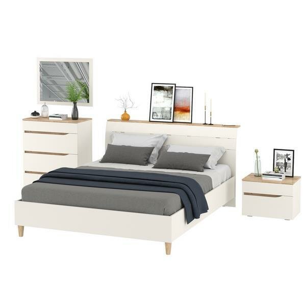 Муссон Кровать 11.41 + ортопед + Тумба 16.03 + Комод 13.97 + Зеркало СВК, цвет белый/дуб эндгрейн элегантный, сп. м. 1600х2000 мм, б/м