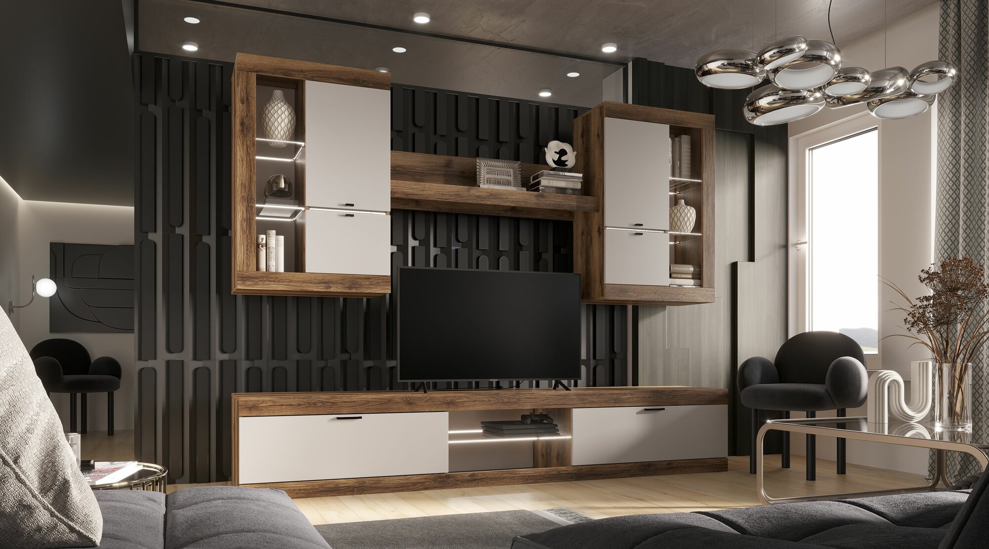 Комплект мебели для гостиной Прага с подсветкой (комп 18) Дуб Делано/Белый гладкий