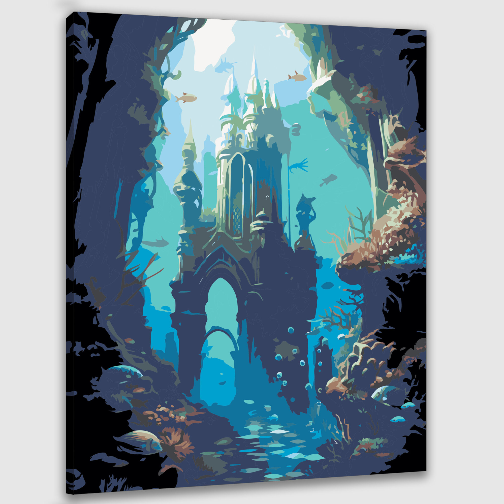 Картина по номерам 40x50 см, подводный город, коралловые рифы, морские обитатели, солнечный свет, чистая вода