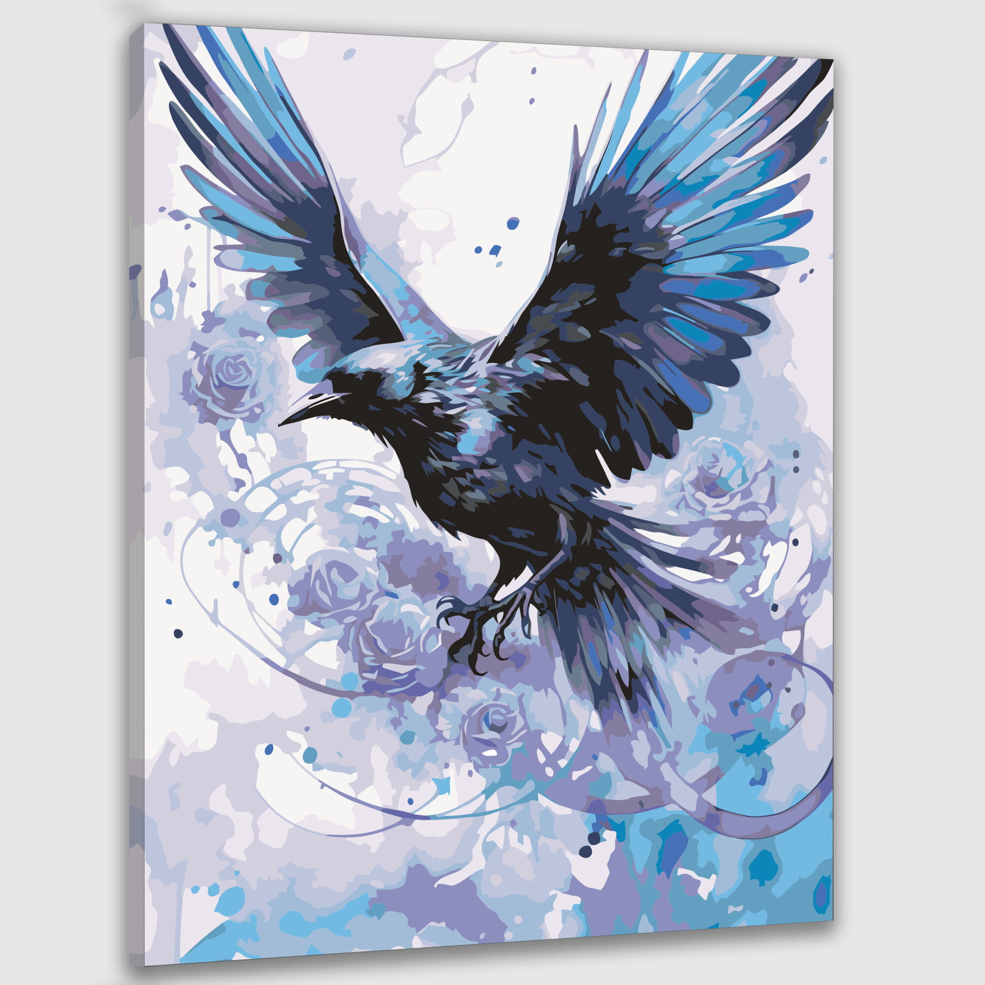 Картина по номерам 40x50 см, вороньий крик, акварельная иллюстрация, полет вороны, широко расправленные крыл