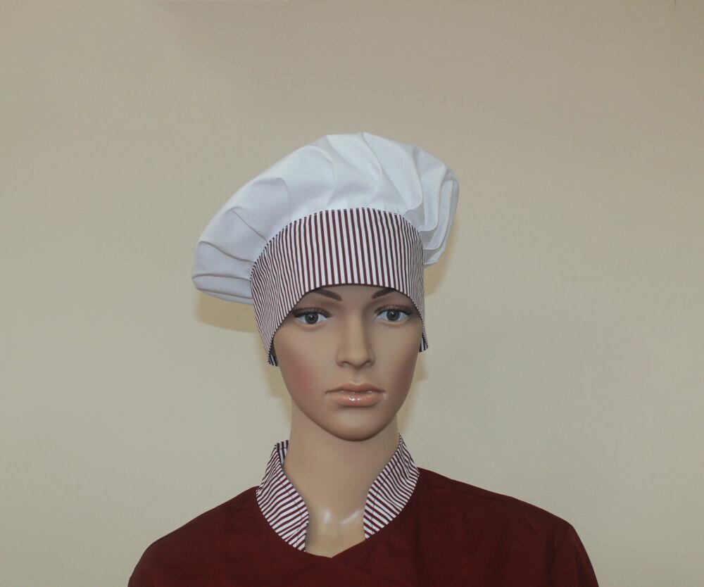 Колпак-берет поварской без отворота белый с отделкой бордовая полоска (ткань смесовая)