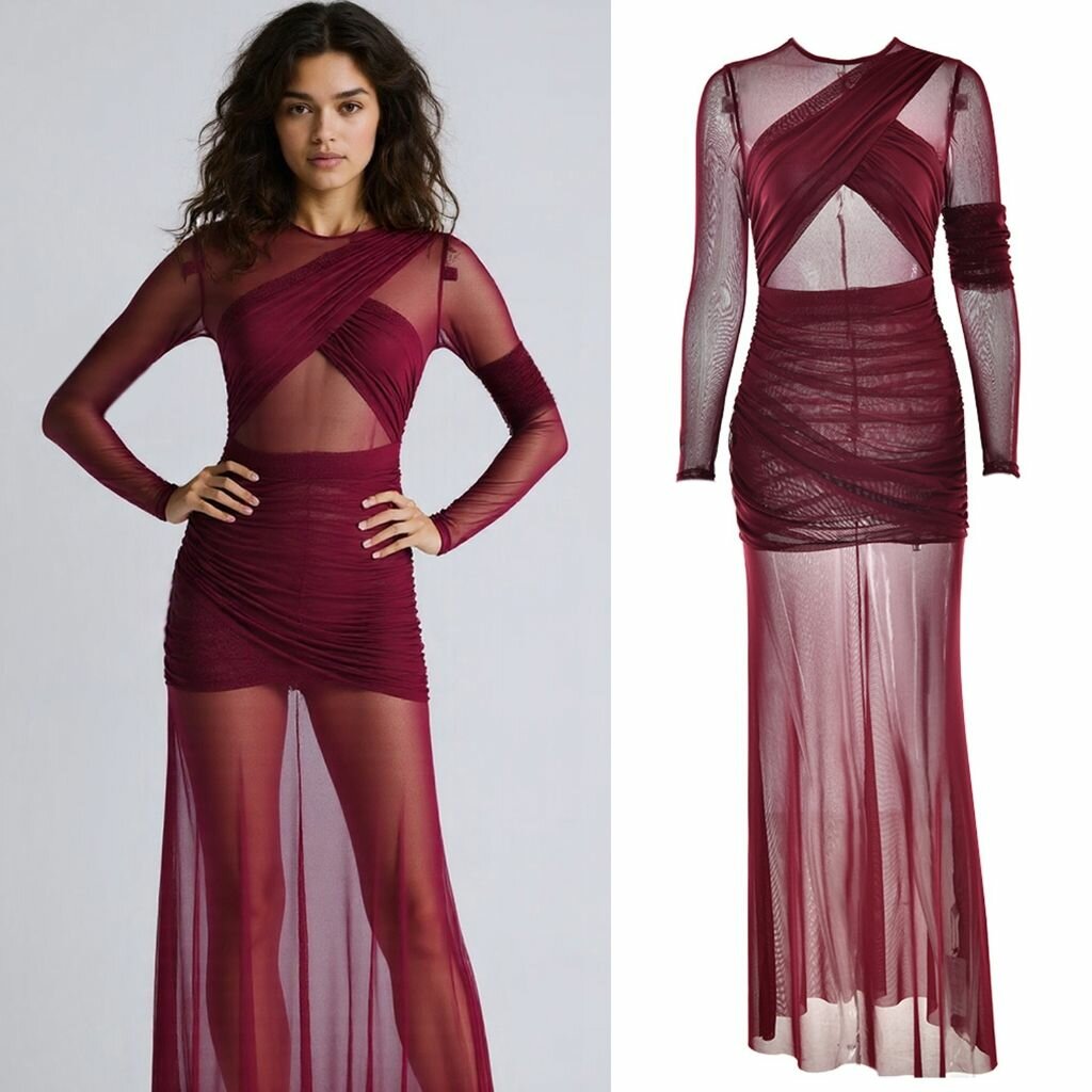 Макси-платье из прозрачной сетки с накладками и длинными рукавами, облегающее клубную одежду для рейв-вечеринок