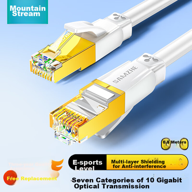 SAMZHE CAT7 Pure Copper Ethernet Cable, 10 Gigabit Shielded Network Cable, Gaming Twisted Pair, Broadband Home Compatible 2.5G Patch Cord 0.5 Meter White