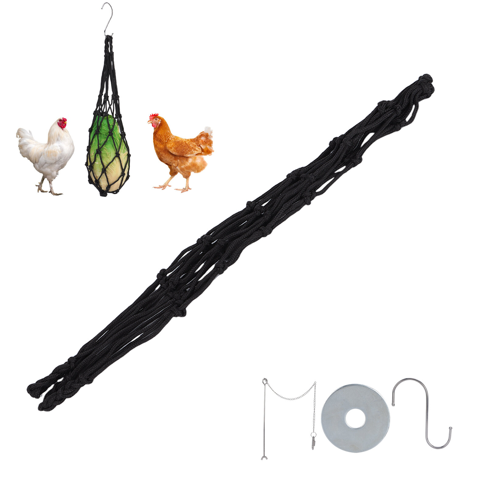 Подвесная сетка для кормления, держатель для фруктов, птица, кормушка для курицы, капусты, инструмент для кормления для попугая, петуха-курицы (черная сетчатая вилка для фруктов с цепочкой)