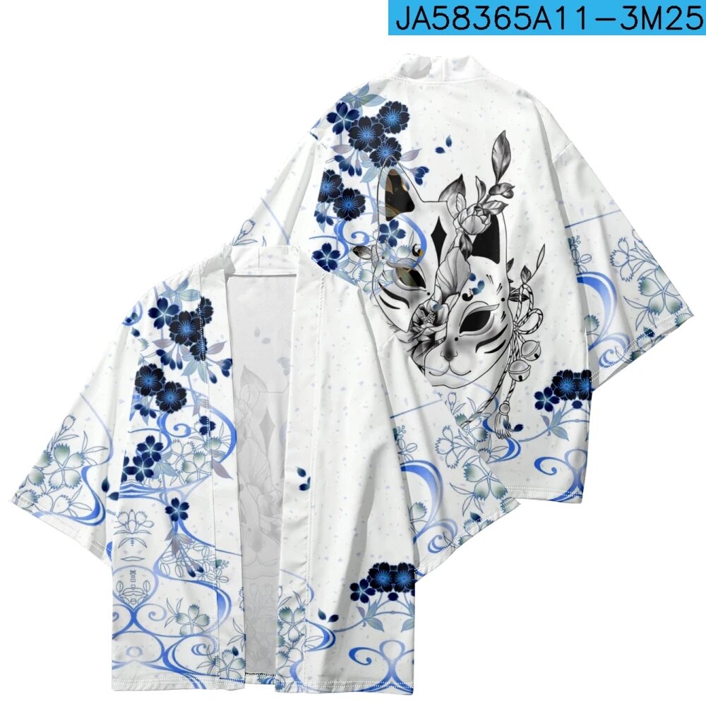 Кимоно с принтом кошачьей маски, белый, JA58365A11-tops, S