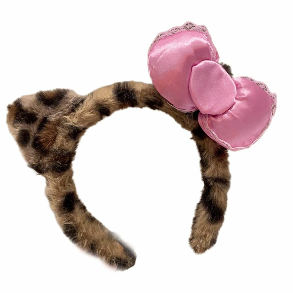 (1шт) Плюшевая лента для волос с кошачьими ушками-Розовый леопардовый узор с бантом