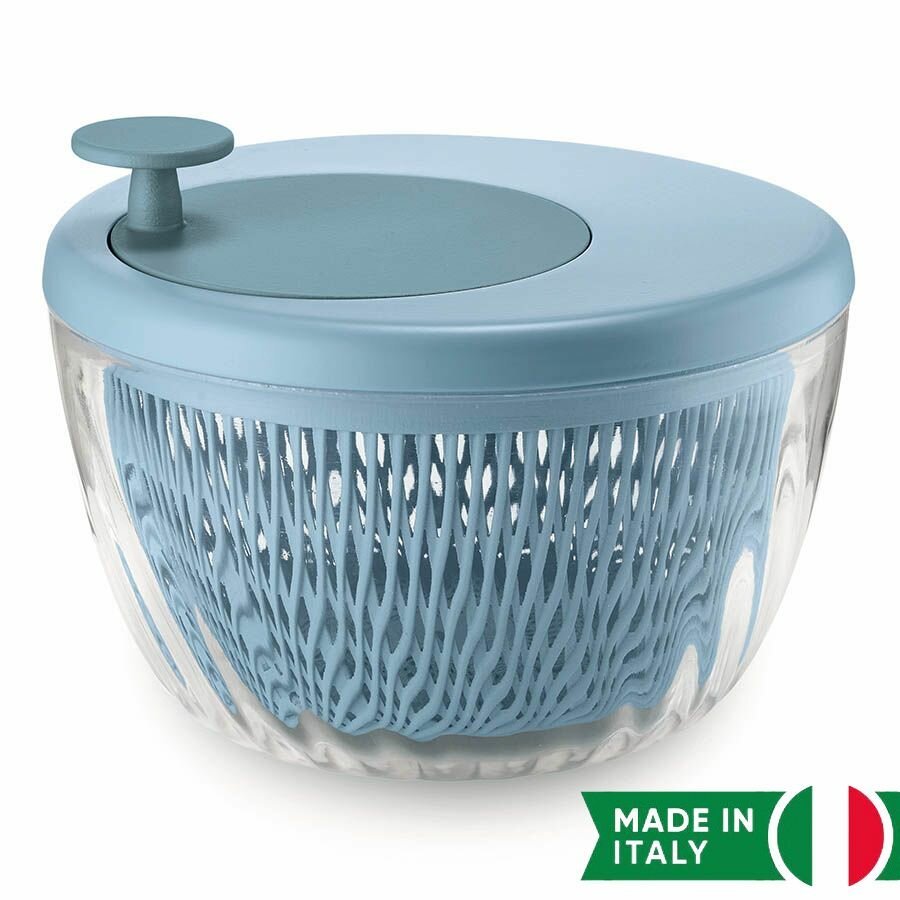 Сушилка центрифуга Guzzini Twist & Dry 26 см (4 л) / ручная кухонная мойка карусель с дуршлагом для мытья, сушки и отжима листьев салата, овощей, фруктов, грибов, ягод и зелени, механическая голубая