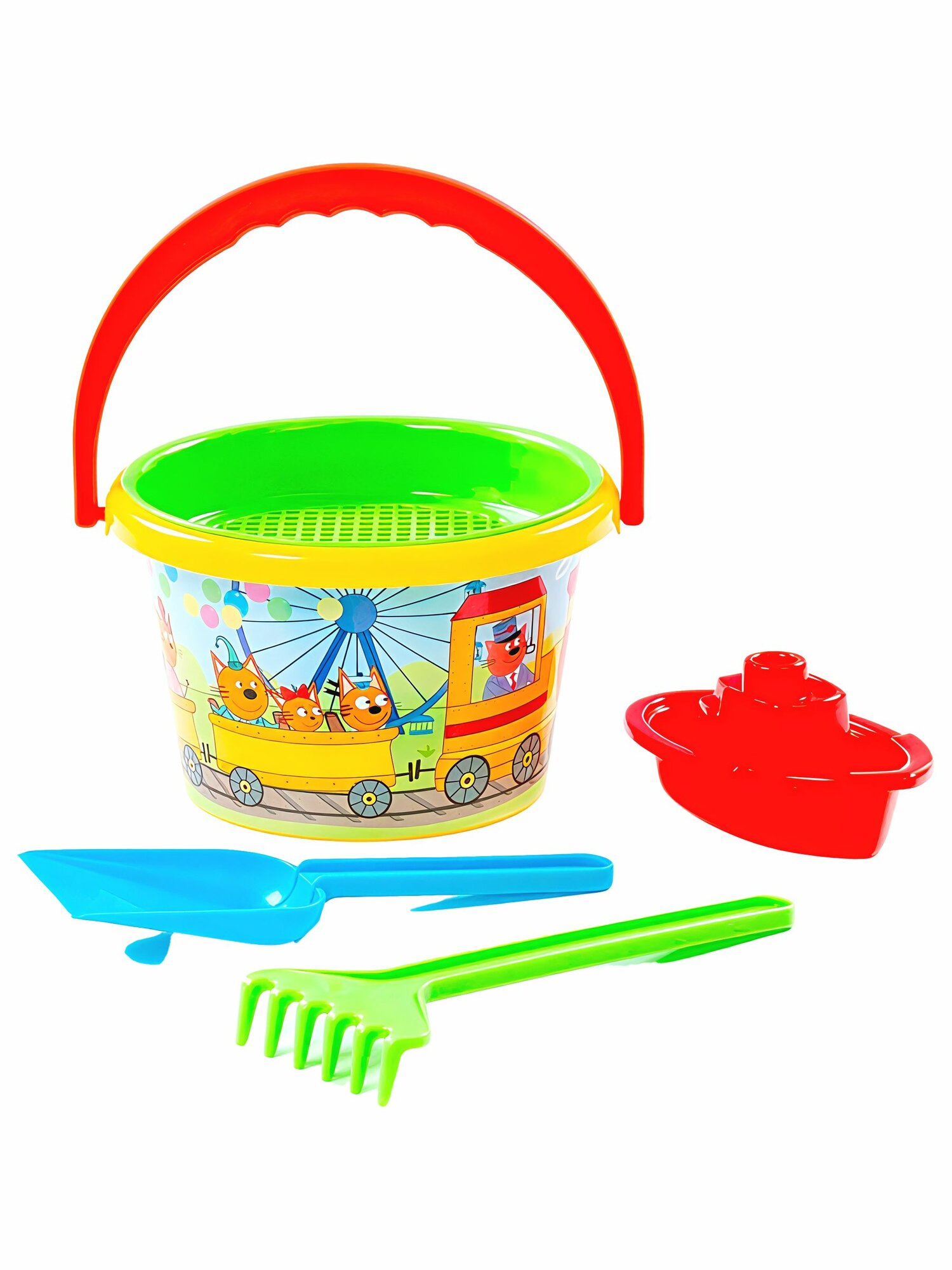 Детский песочный набор "Три кота №9. Юнга" для игры в песочнице и на пляже, развивающие игрушки для малышей, в комплекте: ведро, лопата, грабли, тарелка-сито и формочка лодка