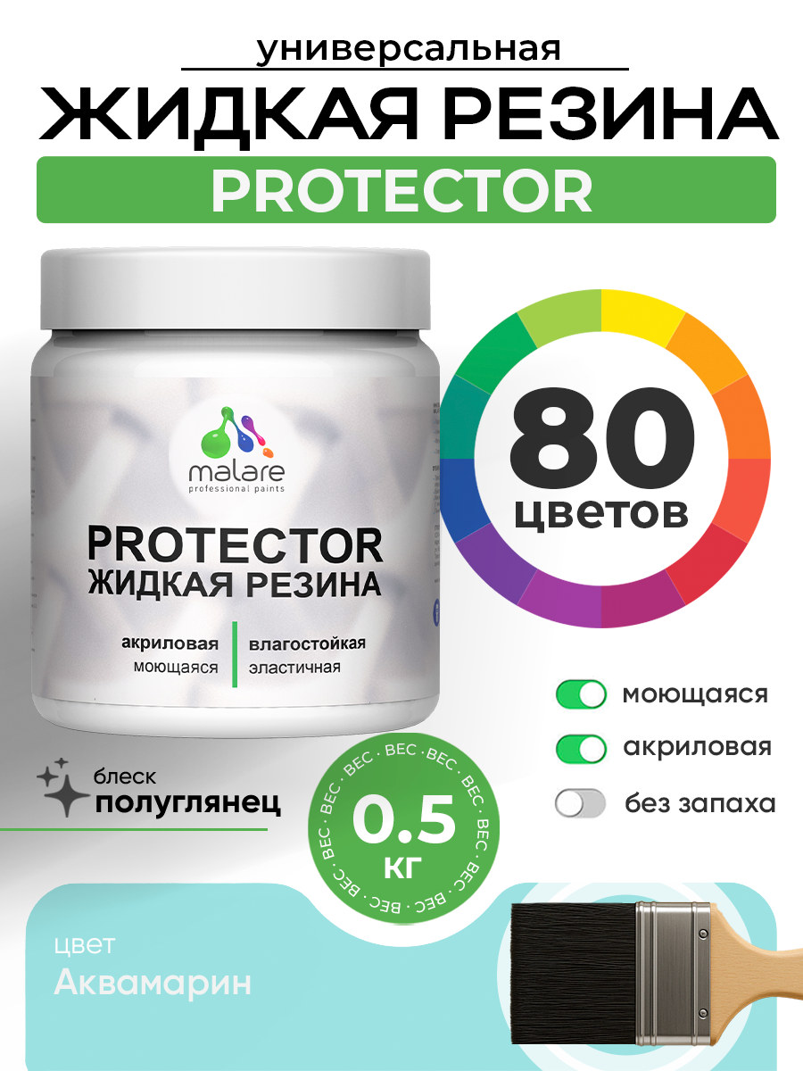 Жидкая резина Malare PROTECTOR, эластичная резиновая краска для внутренних и наружных работ, универсальная для дерева, бетона, металла, быстросохнущая, влагостойкая, полуглянцевая, аквамарин, 0.5 кг.