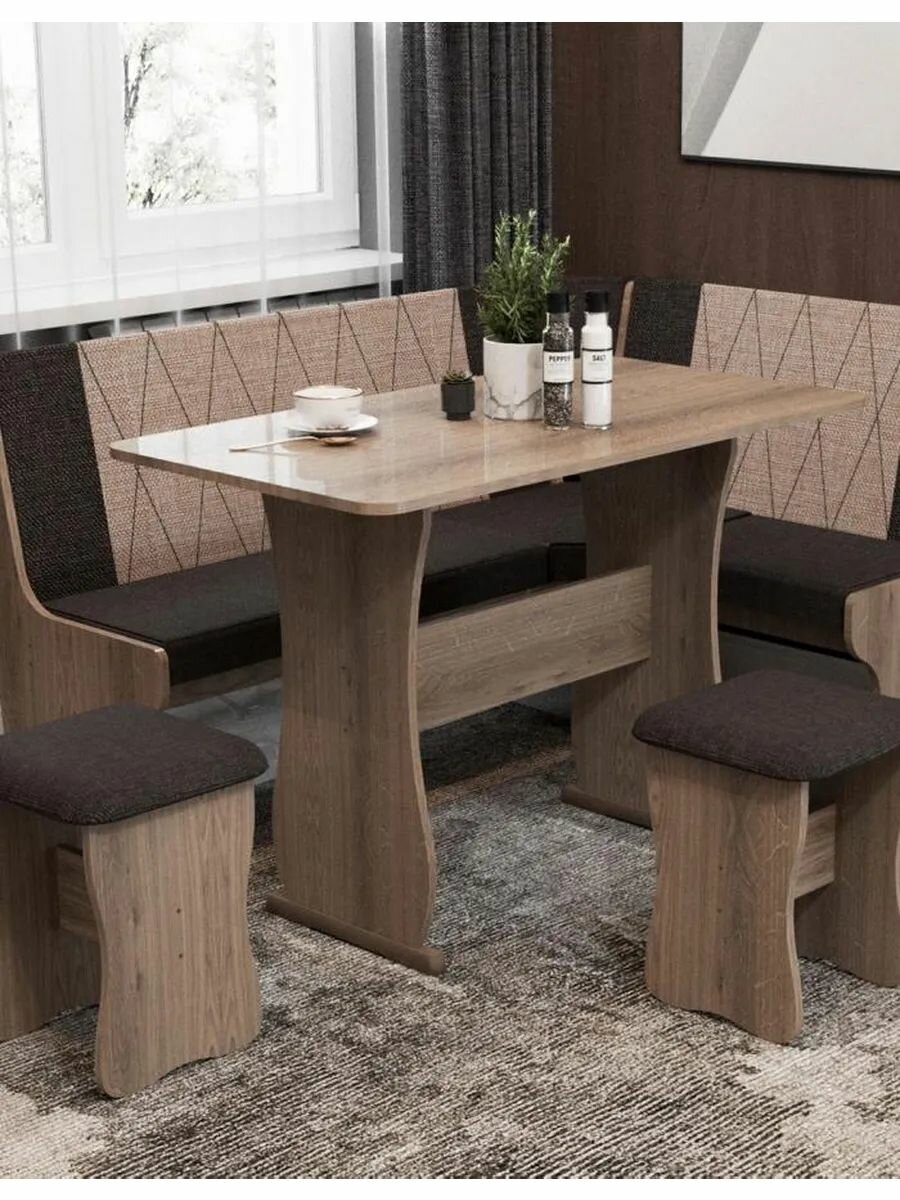 Кухонный диван, уголок Гамма со столом, с табуретами, Дуб Сонома трюфель / Коричневый, ткань / Бежевый, ткань