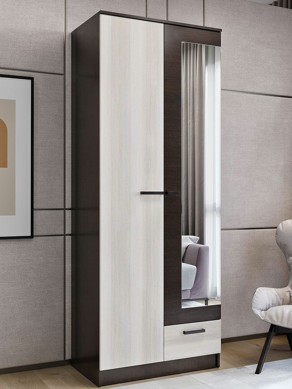 Распашной шкаф для одежды и хранения вещей Адель с одной штангой, с ящиком, с зеркалом, 80х47х210 см, Венге / Лоредо