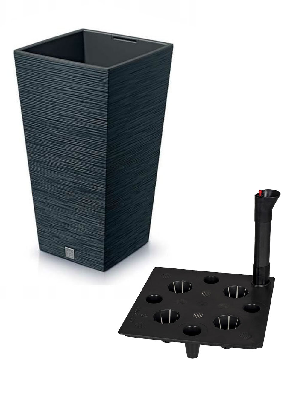 Кашпо с автополивом и вставкой для цветов, напольное, Prosperplast Furu Square low, 35 л, антрацит + система для автополива WS3