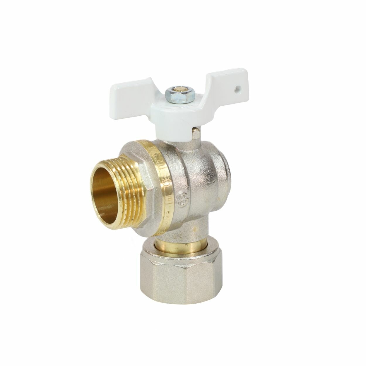 Кран шаровой латунь никель угловой 1123 Standard Ду 20 Ру30 НР/нак. гайка бабочка белая Aquasfera 1123-02