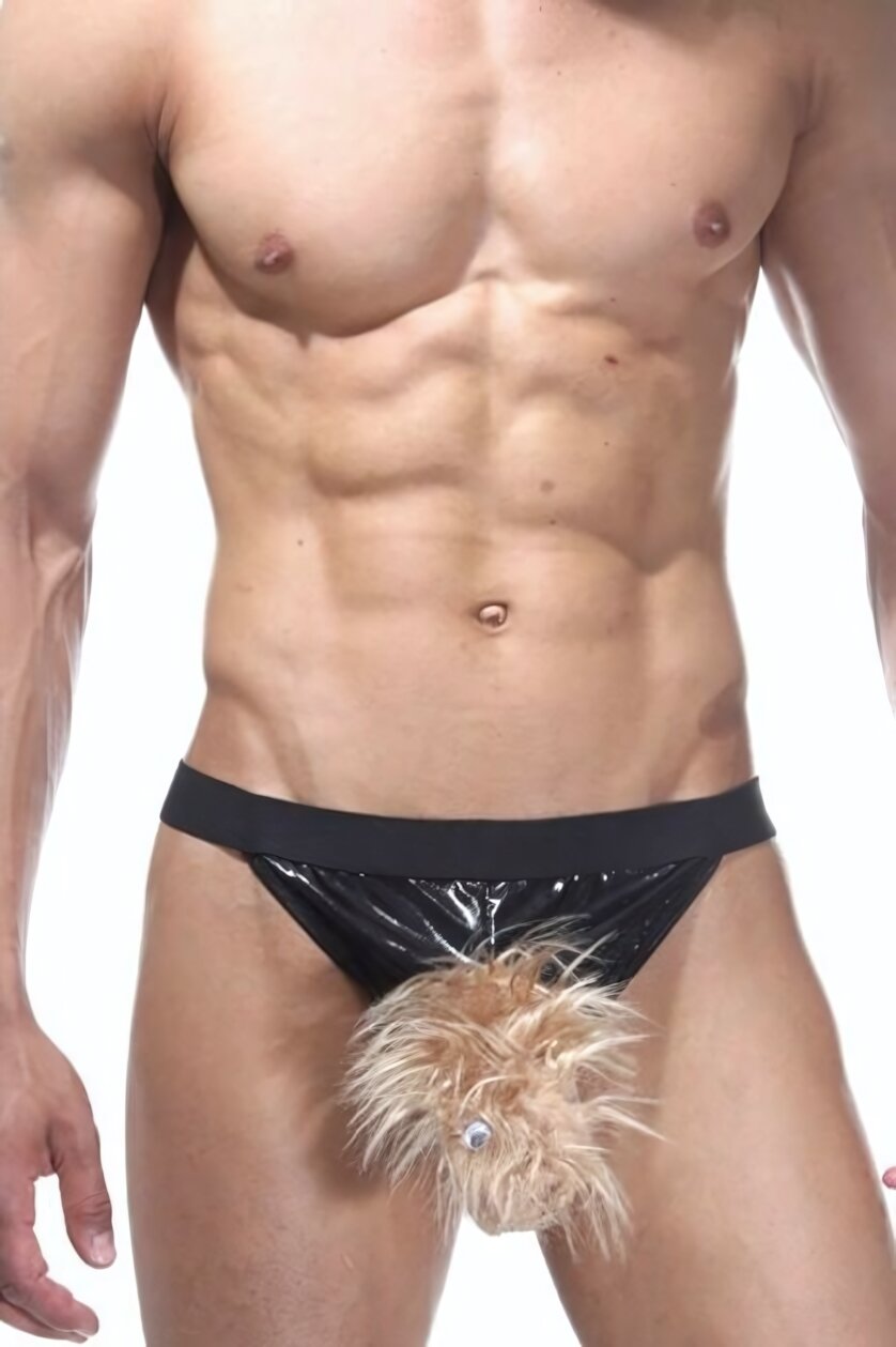 Мужские стринги эротические «Крот», низкая посадка, размер S-M, черный с бежевым, полиамид/полиэстер