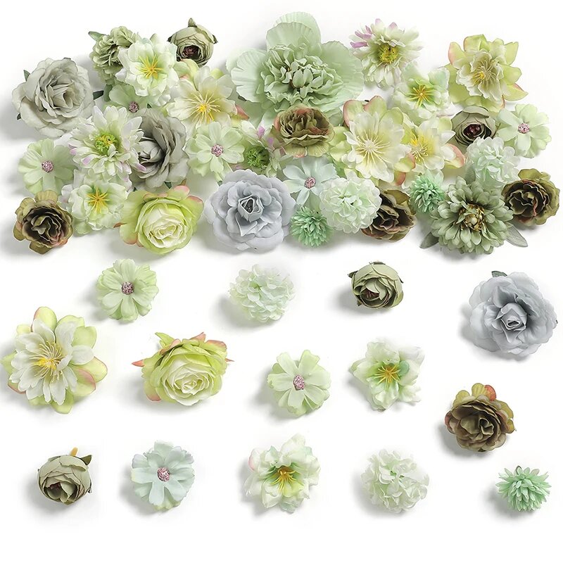 Искусственные шелковые розы, 21 шт. Белый, Green-21Pcs