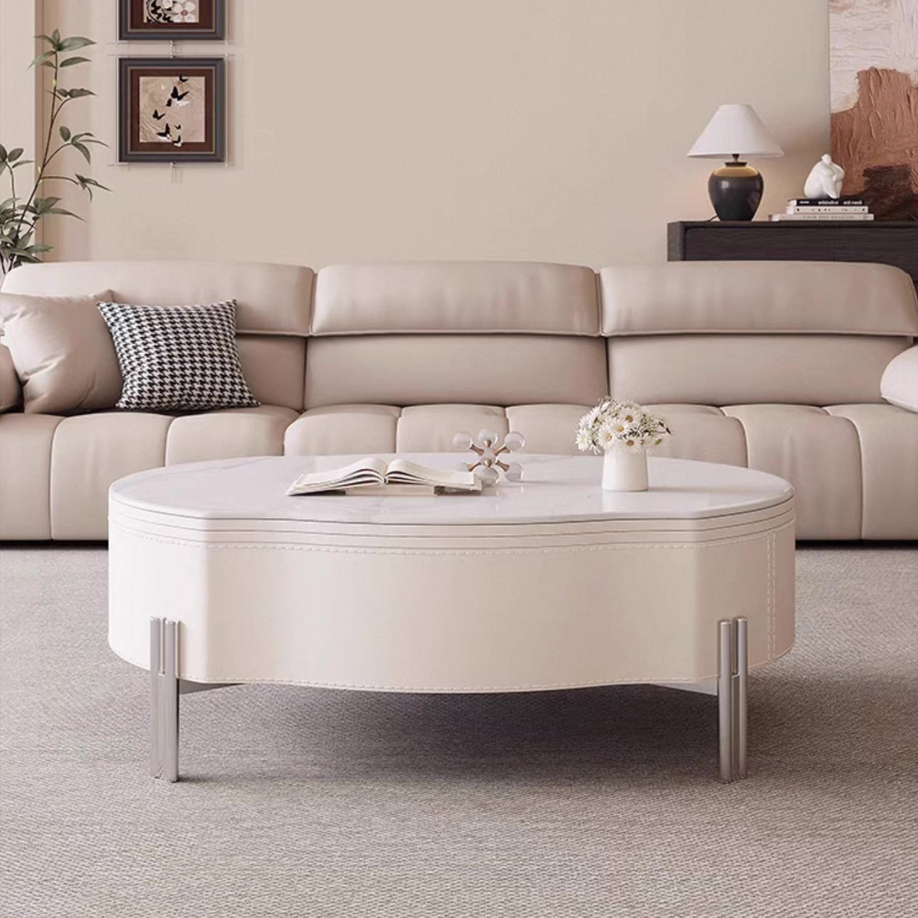 Интерьерный журнальный столик в коже с выдвижным ящиком Gavir (белый / керамическая столешница)