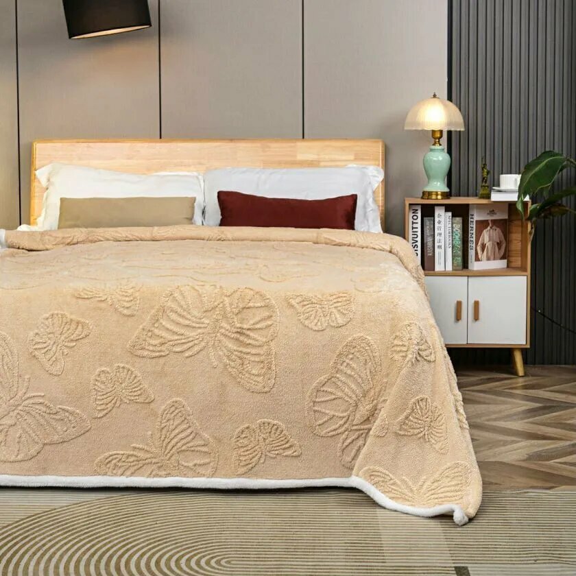 Плед "Бабочки", бежевый, 200x230см, вязаный, кашемир, для детей и взрослых