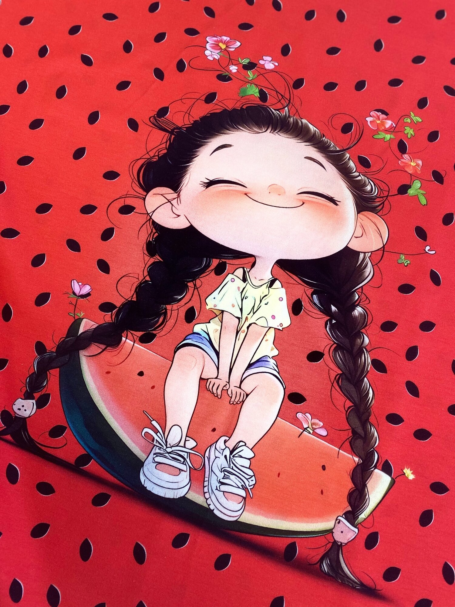 Купон Девочка с арбузом , Кулирка, для рукоделия, 92% хлопок, 8% лайкра, цветочный принт