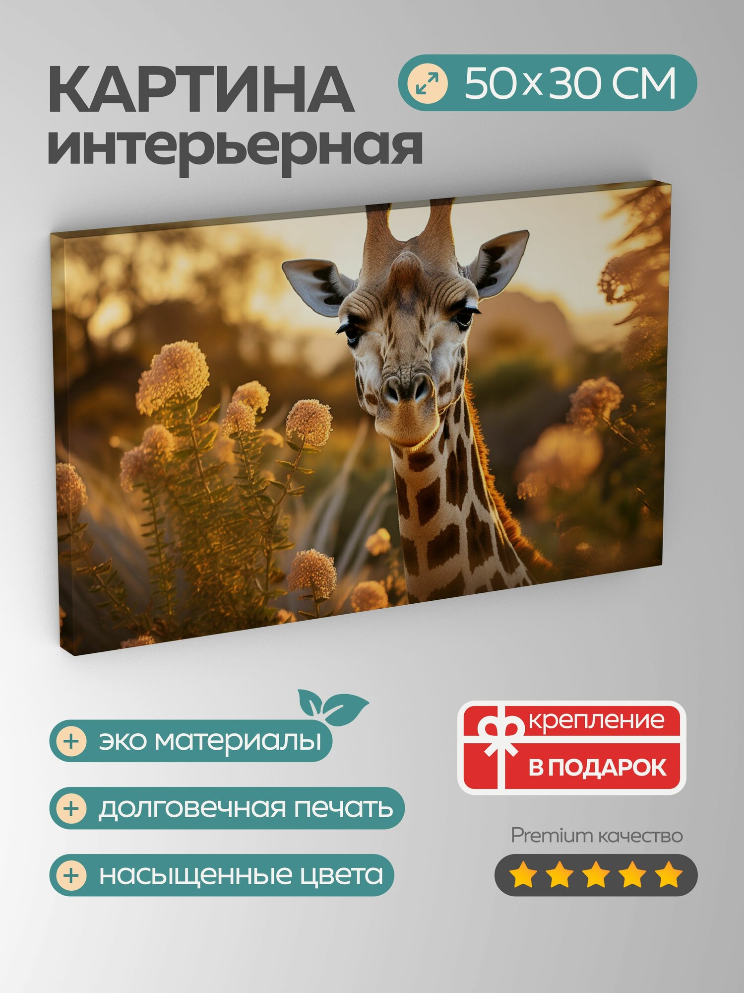 Картина на холсте интерьерная 50х30 см, жираф, флора, мех, растительность, свет, природа, африканская, золотистый