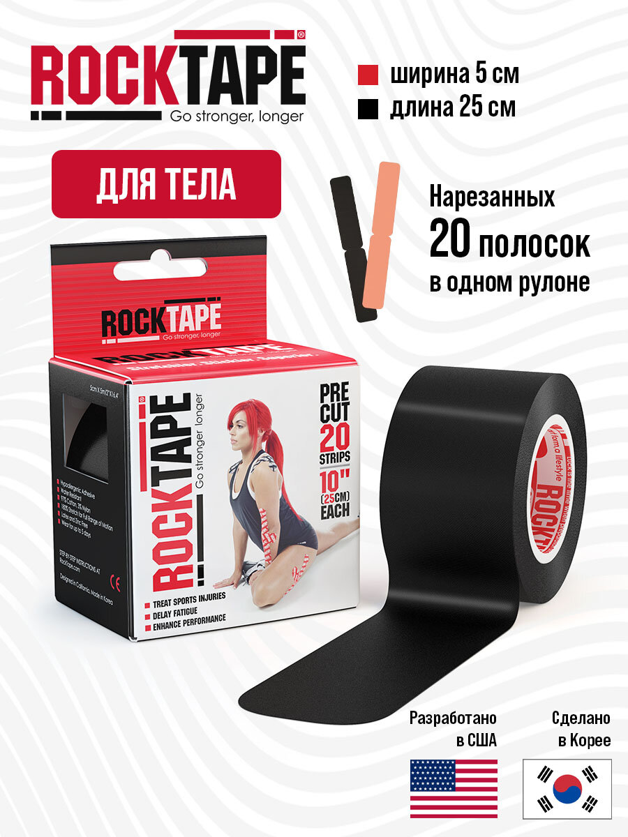 Кинезио тейп Rocktape pre-cut 5см х 25см (20 шт.), преднарезанный, черный