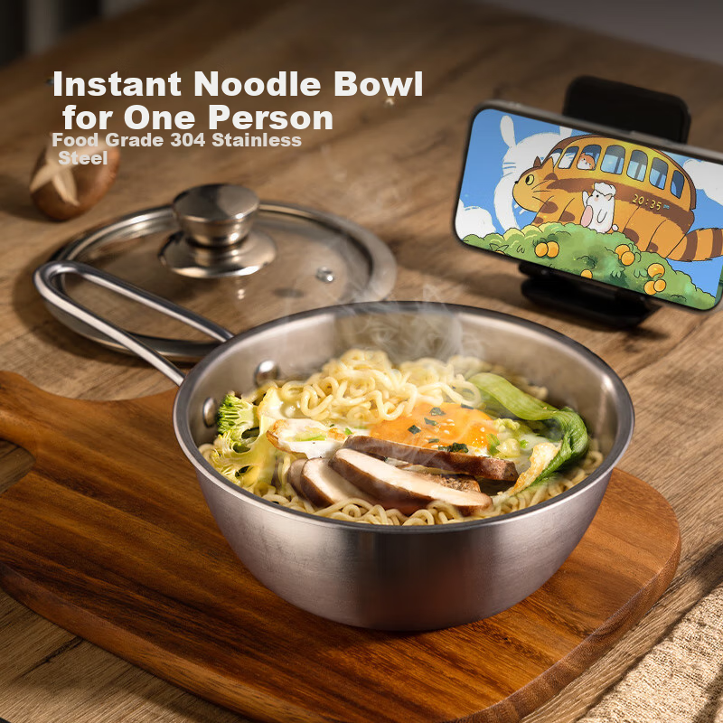 Newair Stainless Steel Korean Style Noodle Bowl with Handle and Lid for Home Dormitory Student Mixing Rice Food Grade Large Capacity