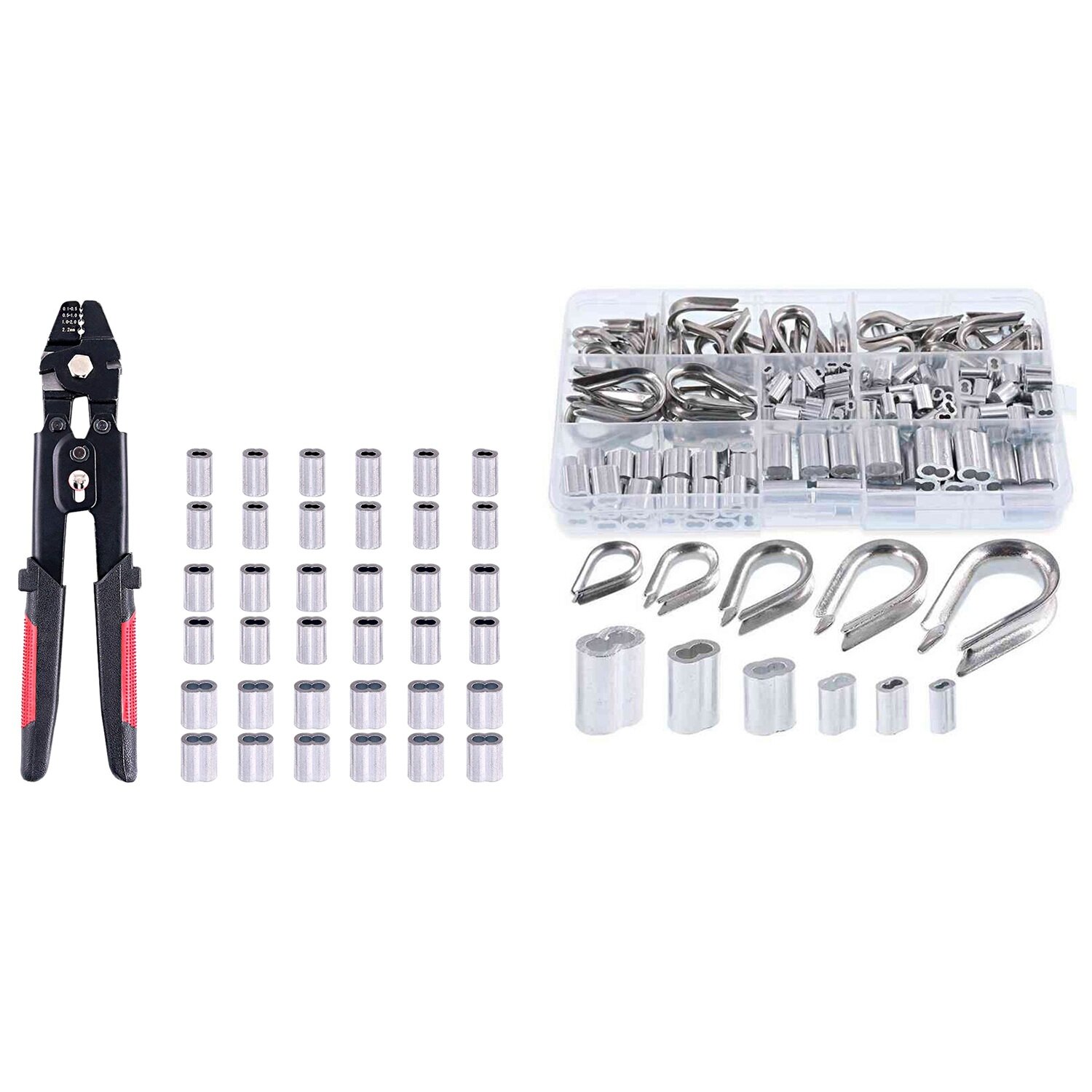 250 шт. комбинированных коушей для проволочного троса и алюминиевых обжимных петлевых муфт и 1 набор обжимных клещей для проволочного троса