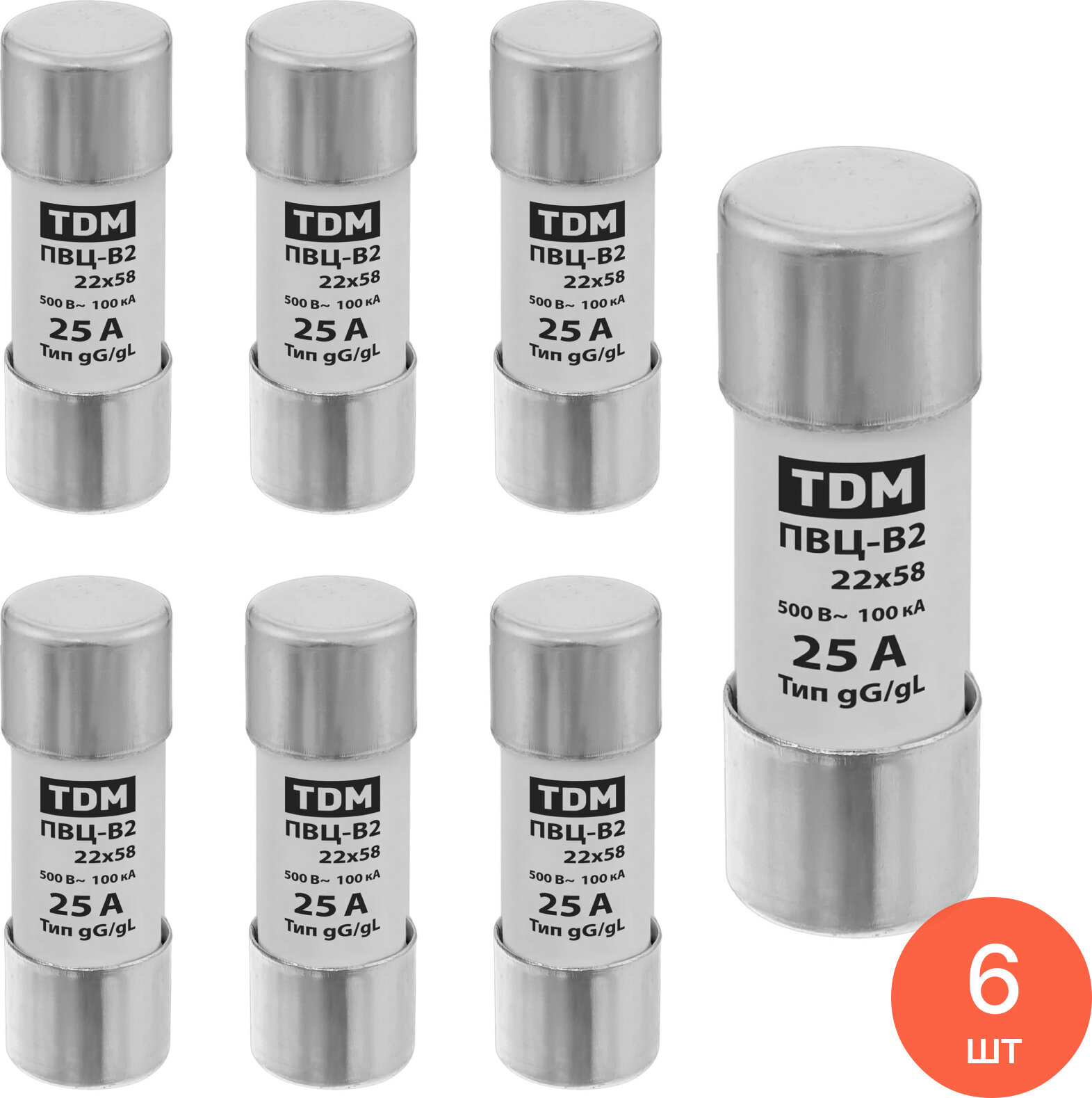 Вставка плавкая TDM Electric / ТДМ Электрик ПВЦ-В2, 25А 600В, SQ0729-0030 / предохранитель (комплект из 6 шт)