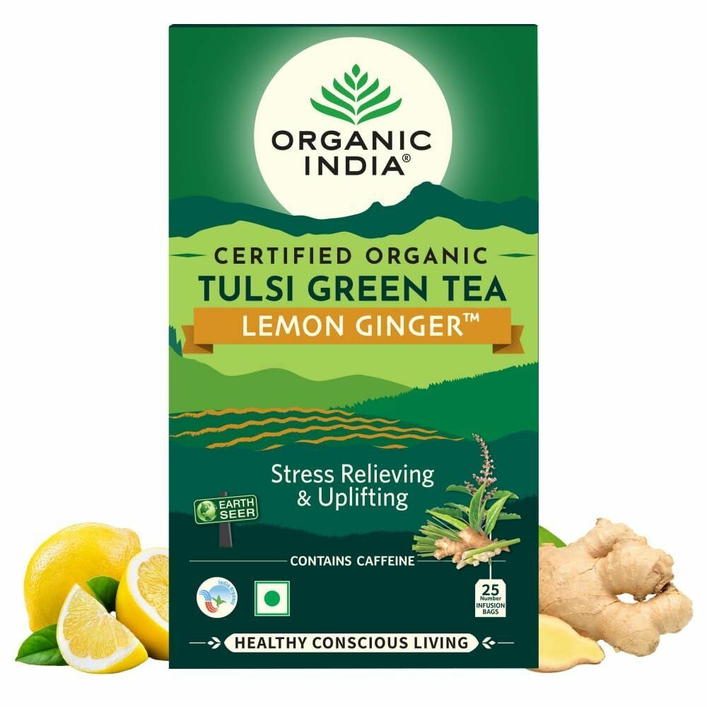 Organic India/ Зеленый чай + Листьев Священным Базиликои с Имбирём и Лимоном 25 пакетиков