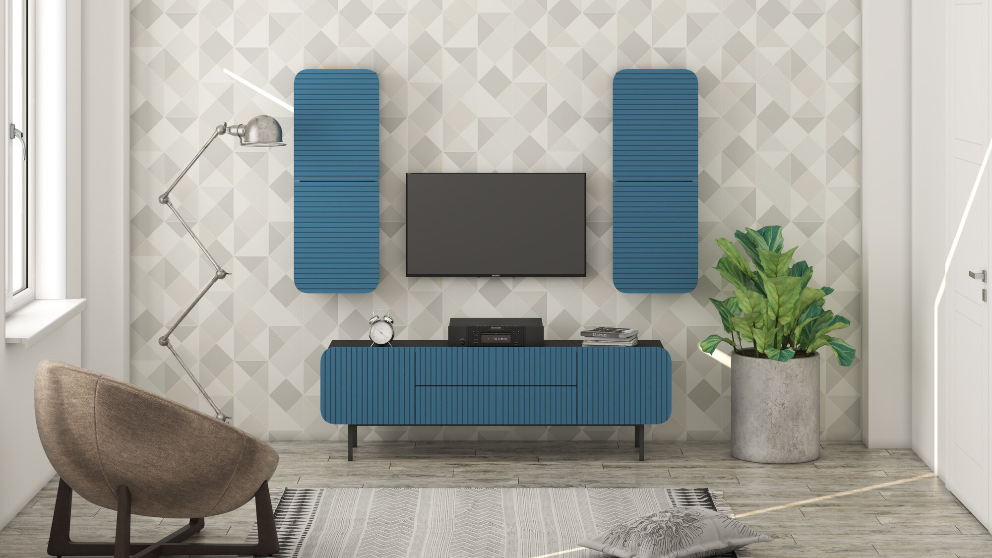 Стенка в гостиную "Модерн Лофт 13" 160х105х40 Черный / Аквамарин