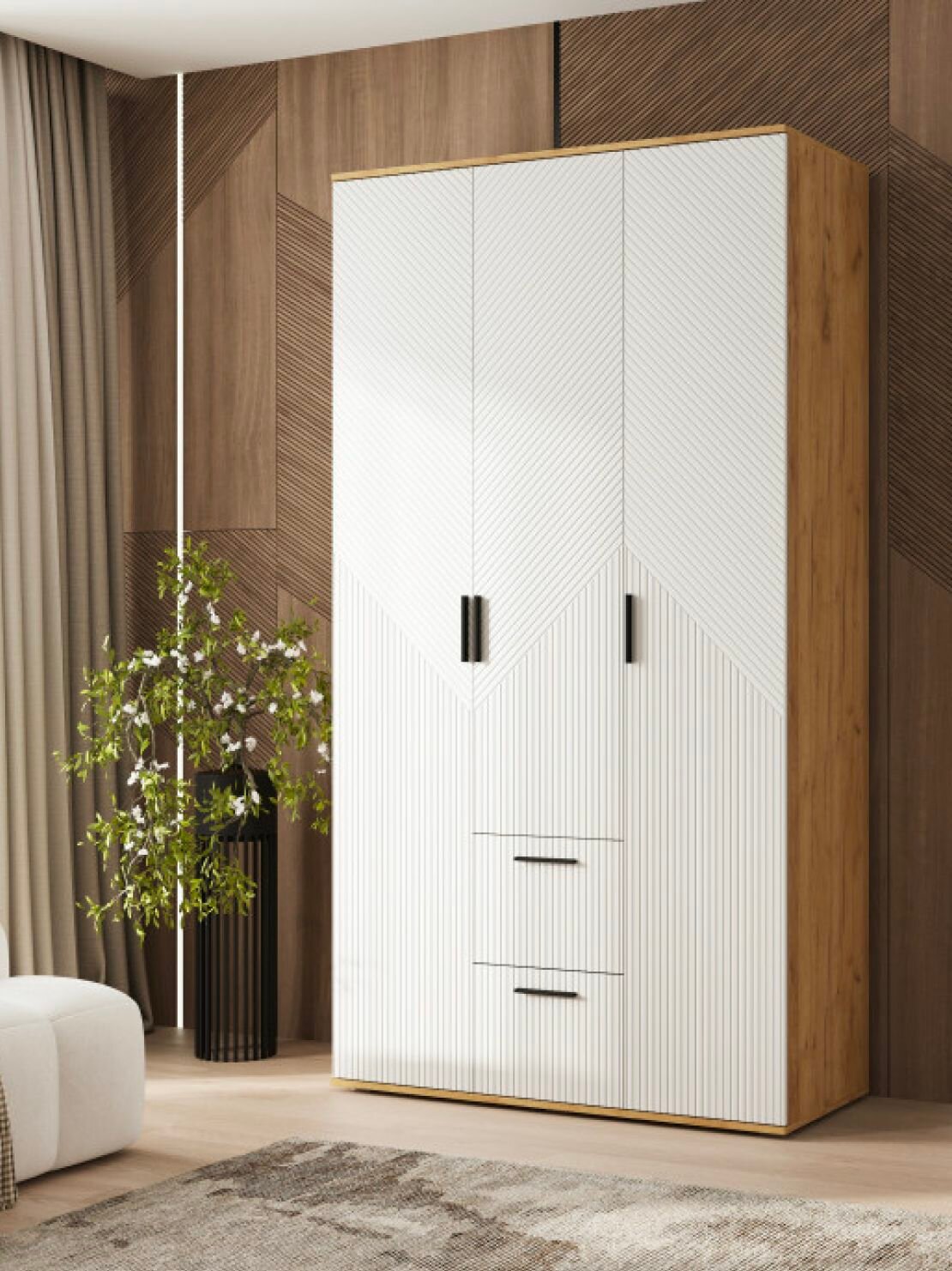 Шкаф распашной 3-створчатый Сильвия (120х223.6х51) Браш Вайт/Дуб Крафт