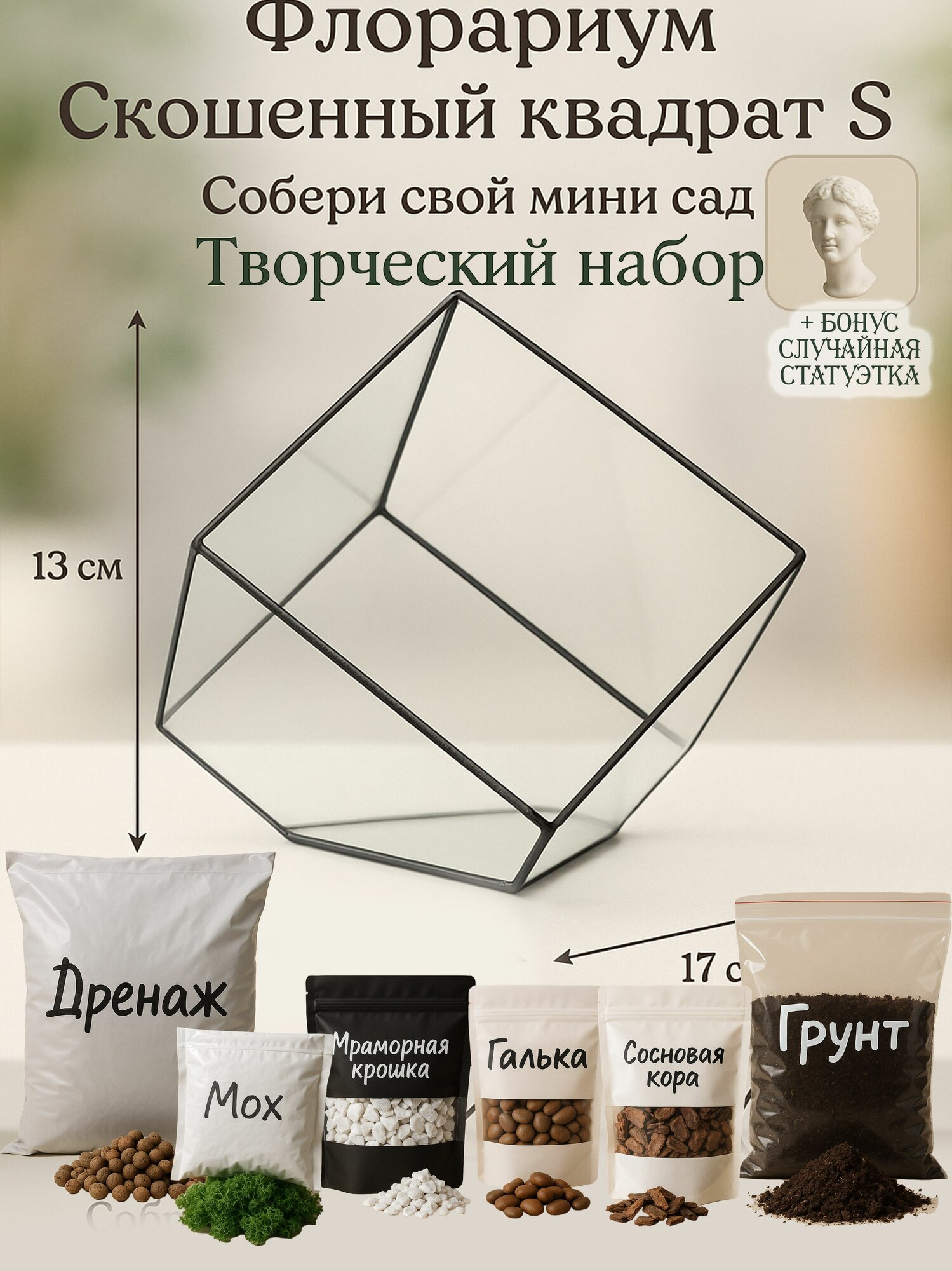 Набор для создания флорариума: форма Скошенный квадрат S, небольшой
