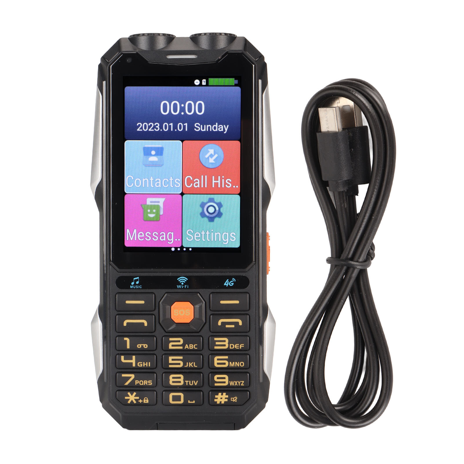 Прочный старший мобильный телефон 4G 4IN сенсорный экран Wi -Fi Большая кнопка 18000 мАч светодиодный фонарик громкий звук быстрого циферблата для Android 7.0 Black