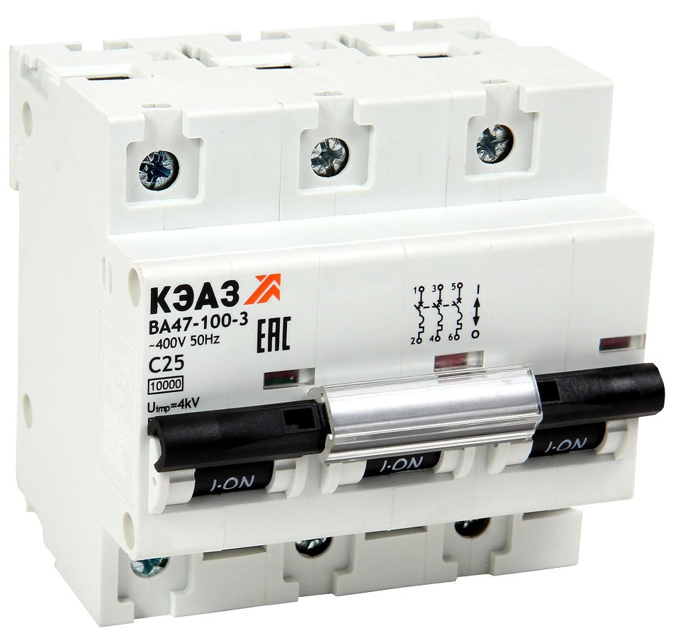 Выключатель автоматический трехполюсный 32А C ВА47-100-3C32-УХЛ3 , КЭАЗ 318141 (1 шт.)