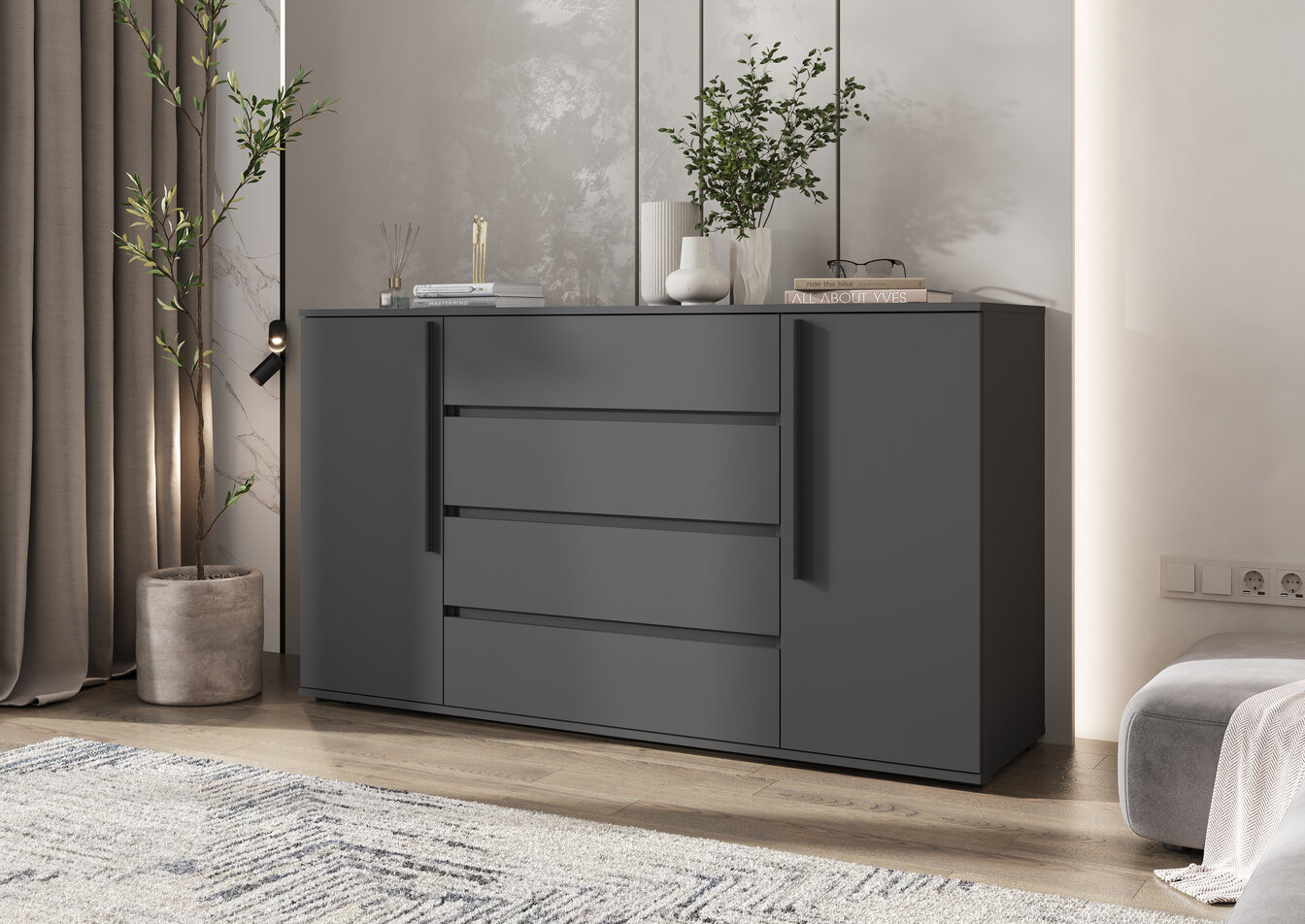 Комод МиФ "Норд", 160 см х 90 см x 45 см, 4 выдвижных ящика, серый графит