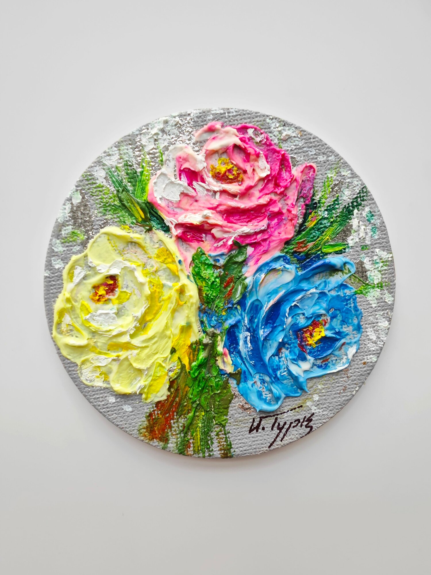 Мини картина маслом на холсте с магнитом "Необычные цветы", 7,5х7,5см