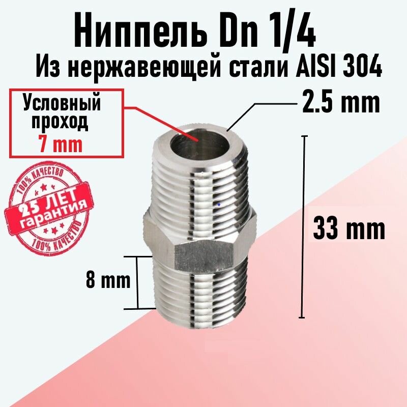 Ниппель Dn 1/4, из нержавеющей стали AISI 304