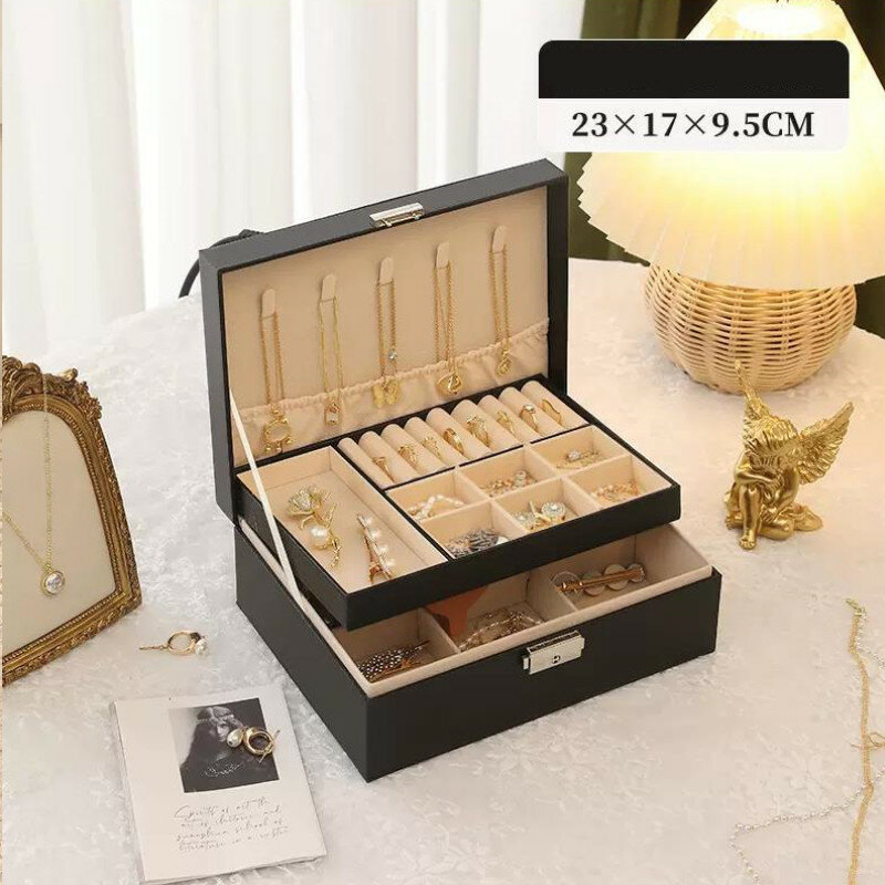 Изящный кожаный кейс для ювелирных украшений с несколькими отделениями для домашнего офиса и особых подарков два этажа черный